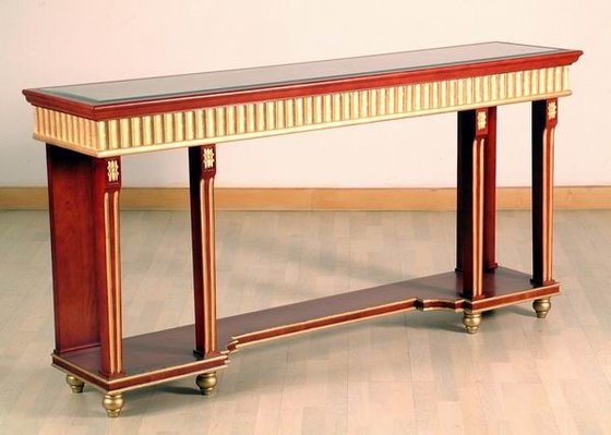 Pedestal Style Wood Console Table With Distressed Finish Gold Leaf Glass Table supplier