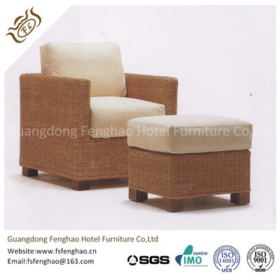 Antique Oak Wood Rattan Frame Upholstered Chair With Ottoman / High Density Foam supplier
