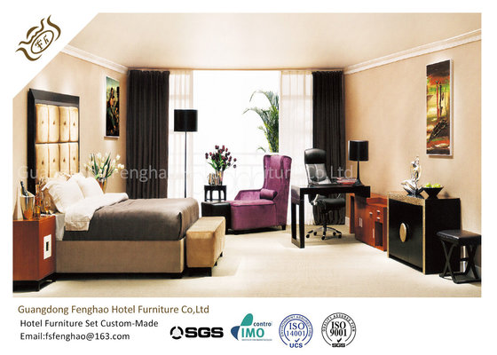 Ebony Wooden Finished Hotel Bedroom Furniture With Fabric Chaise Lounge Chair supplier