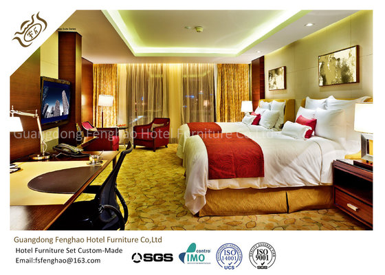 Classical Style Ebony Wooden Finished Hotel Bedroom Furniture With Modern Twin - Bed Red Fabric Sofa Set supplier