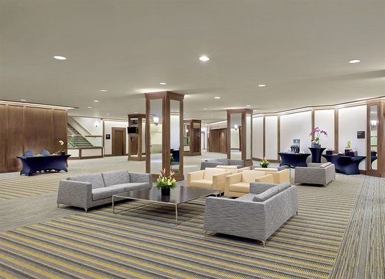 Luxury 5 Star Hotel Lobby Furniture Fabric Sofa Stainless Steel Frame Ebony Reception Table Set supplier