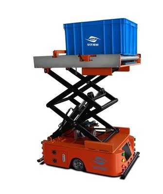 Belt heavy duty scissors lift table with mecanum wheel AGV Orange color supplier