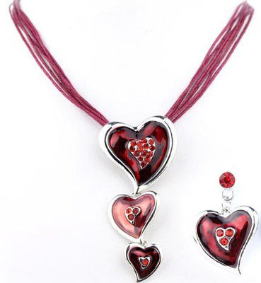 Alloy Rhinestone Enamel Heart Necklace Red Earring Set Red Heart BJX4325