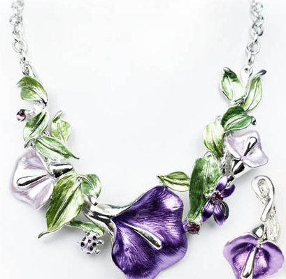 Enamel Alloy Rhinestone Necklace Earrings Set Jewelry Morning Glory Set BJX4327