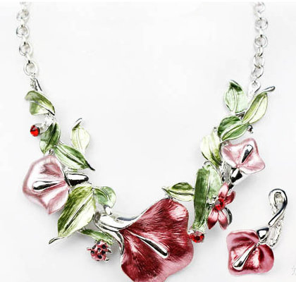 Enamel Alloy Rhinestone Necklace Earrings Set Jewelry Morning Glory Set BJX4327