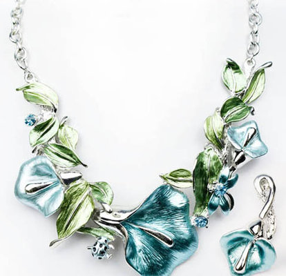Enamel Alloy Rhinestone Necklace Earrings Set Jewelry Morning Glory Set BJX4327