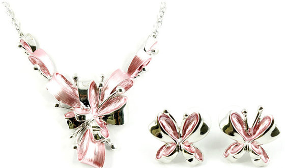 Alloy Pink Enamel Earrings and Necklace Set Purple Butterfly Earrings Purple Butterfly Pendant Jewelry Set BJX-4331