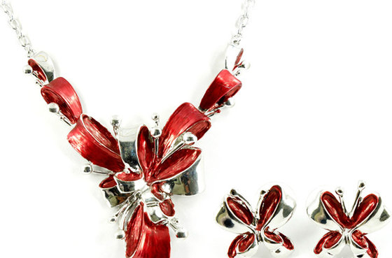 Alloy Pink Enamel Earrings and Necklace Set Purple Butterfly Earrings Purple Butterfly Pendant Jewelry Set BJX-4331