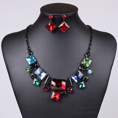 Retro pop stained glass necklace Classic Square Necklace Square earrings Rectangular jewelry wholesale MD1415