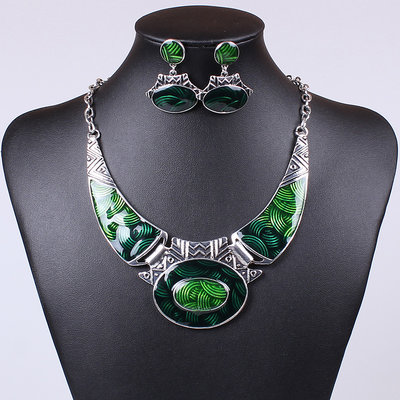 Popular oval necklace Horn Necklace Horn earring Ancient silver drop necklace with earrings wholesale colored oilMD1419
