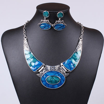 Popular oval necklace Horn Necklace Horn earring Ancient silver drop necklace with earrings wholesale colored oilMD1419