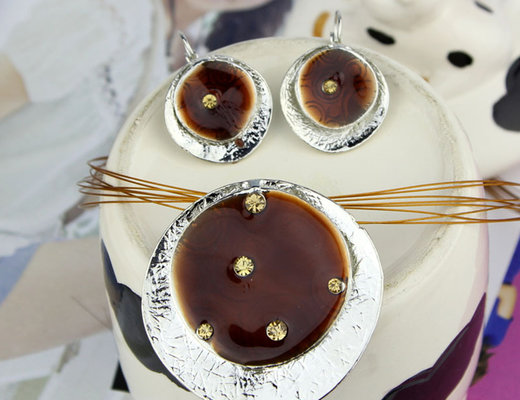High-grade alloy rhinestone necklace pie Titan earrings Helios Pendant Enamel Round Earrings and Necklace Set BJX4340