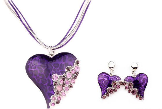 Alloy green heart-shaped necklace Purple Enamel Heart Necklace Heart Earrings Red Heart Jewelry Set BJX4343