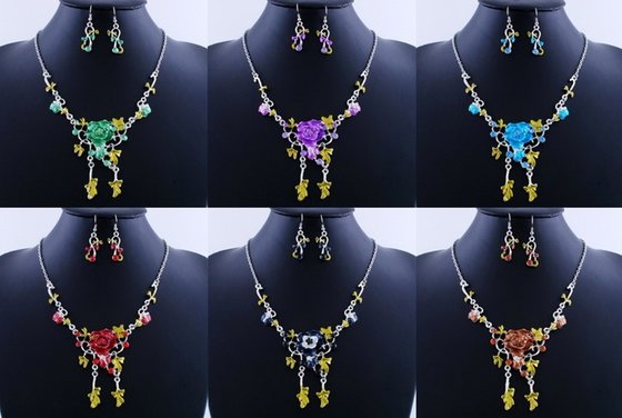 Alloy Necklace Earrings Set Jewelry wholesale flowers Suits Rose necklace factory 19755