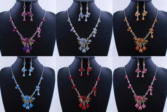 Set Wholesale Fashion Necklaces Rhinestone Butterfly Flower Bridal necklace jewelry 19759