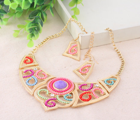 Vintage jewelry alloy hollow beads necklace with diamond earrings clavicle MD-1435