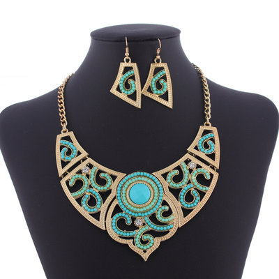 Vintage jewelry alloy hollow beads necklace with diamond earrings clavicle MD-1435