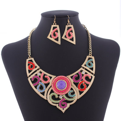 Vintage jewelry alloy hollow beads necklace with diamond earrings clavicle MD-1435