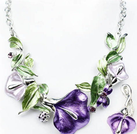 Enamel Alloy Rhinestone Necklace Earrings Set Jewelry Morning Glory Set BJX4327