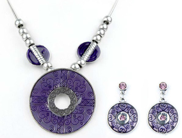 Retro Round Pendant Necklace alloy enamel purple green earrings jewelry wholesale BJX-4328