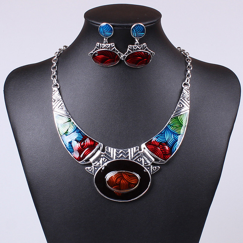 Popular oval necklace Horn Necklace Horn earring Ancient silver drop necklace with earrings wholesale colored oilMD1419