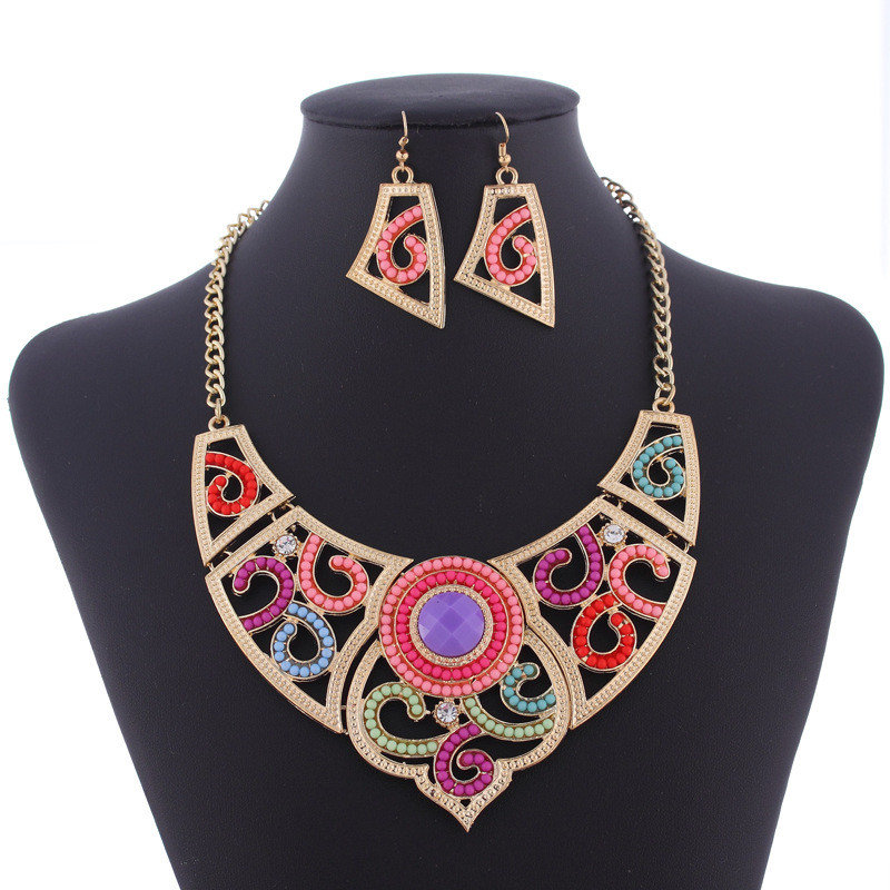 Vintage jewelry alloy hollow beads necklace with diamond earrings clavicle MD-1435