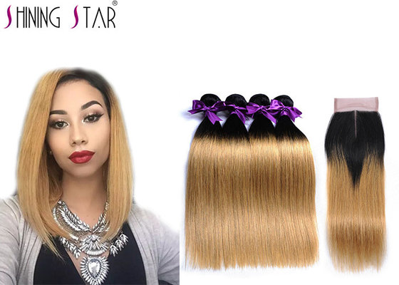 Brazilian Weave Bundlles 4Pcs Ombre Blonde Straight Human Hair With Closure Color 1B27 Hair Weave​
