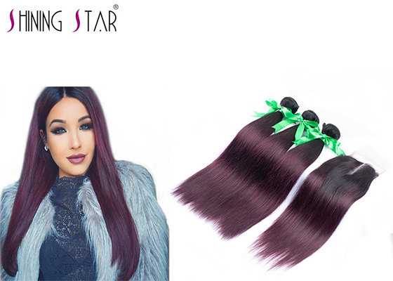 Ombre Burgundy Bundles With Closure Straight 3Pc Brazilian Dark 1B Red Hair Bundles With Closure