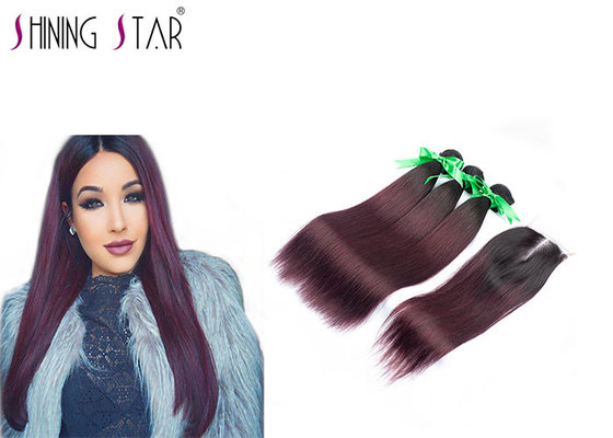 Human Hair Bundles With Lace Closure Ombre Burgundy 1B 99J Bundles With Closure