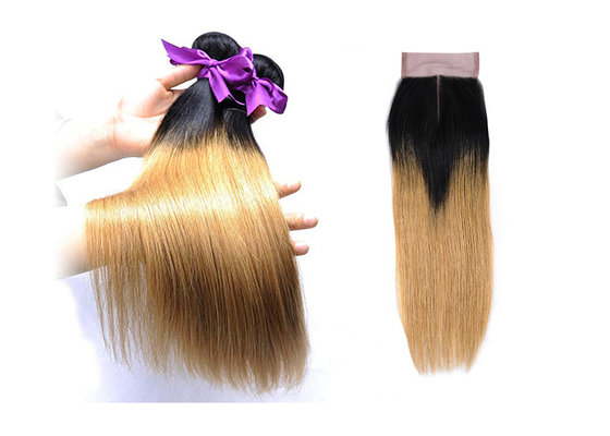 Human Hair Bundlles 3Pcs Ombre Blonde Straight Human Hair With Closure Color 1B27 Hair Weave