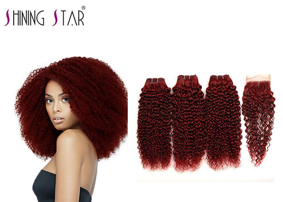 Remy Curly Hair Weave 99J Red Color Kinky Curly Human Hair Bundles With Closure