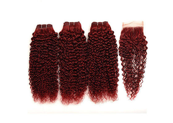 99J Color Brazilian Kinky Curly Hair Weave Human Hair 4 Bundles With Closure