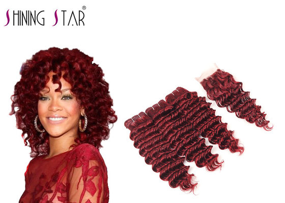 99J Color Deep Wave Human Hair Bundles With Closure Swiss Lace No Tangle