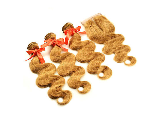 Honey Blonde Body Wave Human Hair Weave With Lace Closure Customized Color
