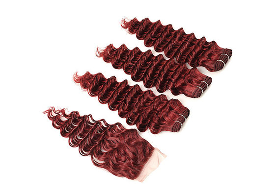 3Pcs Weft  99J Red Virgin Deep Wave Hair Bundles With Closure No Chemical Process