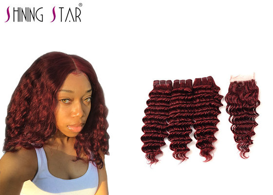 3Pcs Weft  99J Red Virgin Deep Wave Hair Bundles With Closure No Chemical Process