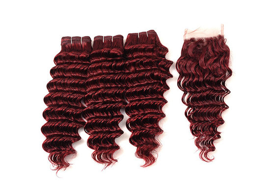 3Pcs Weft  99J Red Virgin Deep Wave Hair Bundles With Closure No Chemical Process