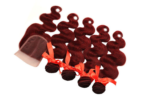 Nonremy Body Wave Malaysian Hair Bundles With Lace Closure 99J Red Double Machine Weft