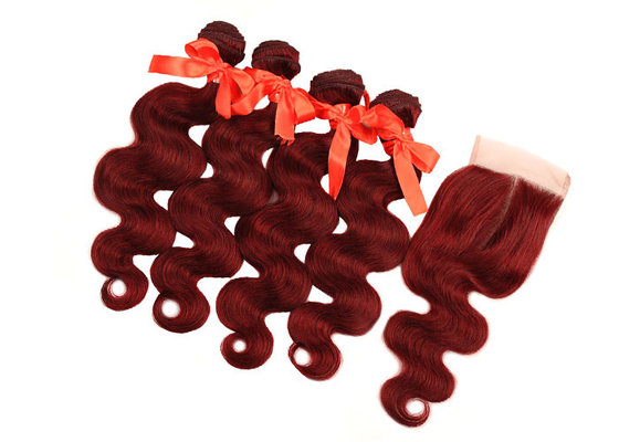 Nonremy Body Wave Malaysian Hair Bundles With Lace Closure 99J Red Double Machine Weft