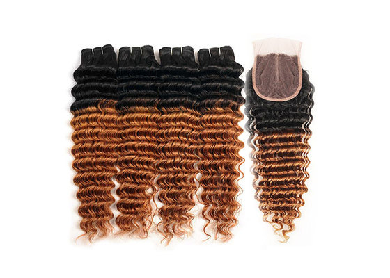 #1B30 Brazilian Deep Curly Hair With Closure Blonde Human Hair 4 Bundles With Lace Closure