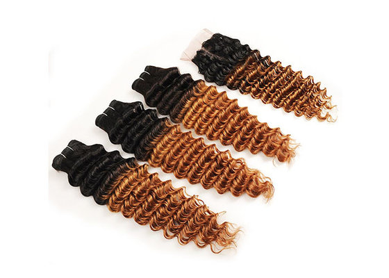 #1B30 Brazilian Deep Curly Hair With Closure Blonde Human Hair 4 Bundles With Lace Closure