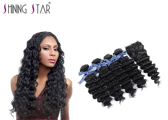 Black Remy Deep Wave Hair Extensions / 4 Bundles Deep Wave Hair With Closure
