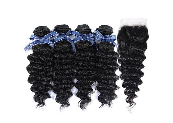 Black Remy Deep Wave Hair Extensions / 4 Bundles Deep Wave Hair With Closure