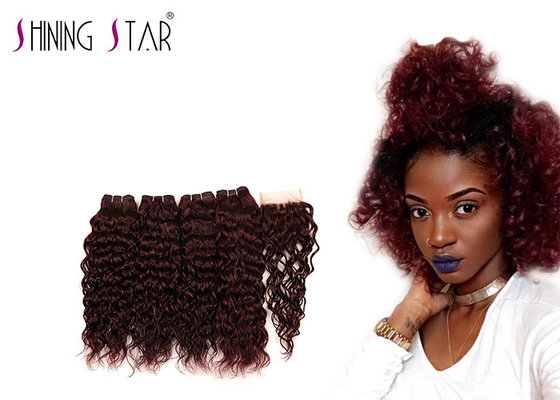 Burgundy Red Water Wave Hair Extensions 4 Bundles With Closure 10A Grade