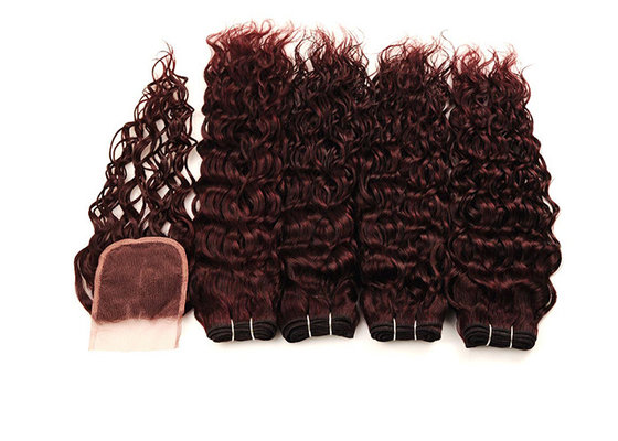 Burgundy Red Water Wave Hair Extensions 4 Bundles With Closure 10A Grade