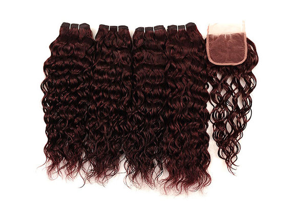 Burgundy Red Water Wave Hair Extensions 4 Bundles With Closure 10A Grade