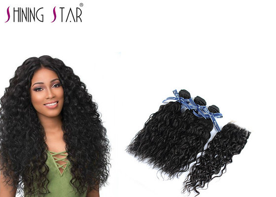 Natural Black Water Wave Hair Extensions With Closure Prevent Shedding 3 Bundle