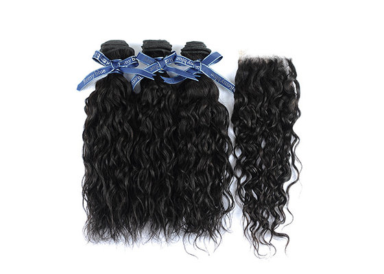 Natural Black Water Wave Hair Extensions With Closure Prevent Shedding 3 Bundle