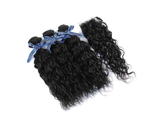 Natural Black Water Wave Hair Extensions With Closure Prevent Shedding 3 Bundle