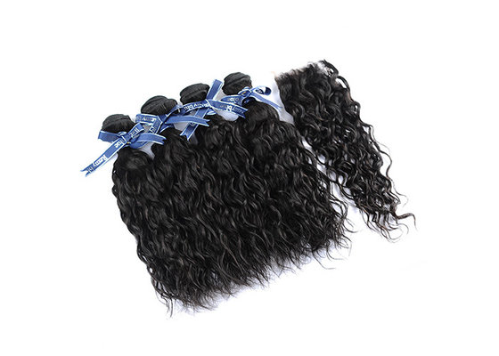Long Water Wave Bulk Human Hair With Closure , Black Peruvian Water Wave Hair